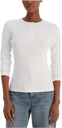 Calvin Klein Jeans Femme, Pulls, Blanc, Taille: 38 FR Round Neck Long Sleeve Buttoned Tricots