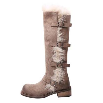 Generic Bottes Hautes Femme dHive Talon Bas Bout Rond Doublure En Peluche Chaude Boucle Bottes Semelle Antid&eacute;rapante Vintage Tendance Chaussures D&eacute;contract&eacute;es