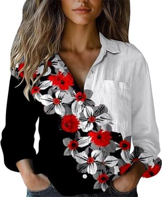 Generico Chemise Femme D&eacute;contract&eacute; &agrave; Manches Longues Chemises en Lin Coton &Eacute;l&eacute;gant Respirant T Shirt Col en V L&eacute;ger Chemisier Vintage Fantaisie avec Boutons Cl