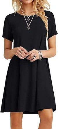 Zeagoo Robe dété pour Femme Col Rond Manches Courtes T-Shirt Robes avec Poches Légères Aériennes Mi-Longues Casual-Robe Noir S
