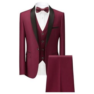 Generic Costume 3 pi&egrave;ces pour homme, coupe ajust&eacute;e, couleur unie, blazer, gilet, pantalon, ch&acirc;le, revers &agrave; un bouton, smoking, bordeaux, XXL