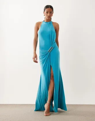 Asos Robe longue pr&egrave;s du corps &agrave; col montant avec d&eacute;tail m&eacute;tallique drap&eacute; - Turquoise-Bleu