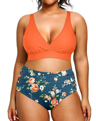 Yonique Damen-Bikini mit hoher Taille, Zweiteiliger Badeanzug, Bauchkontrolle, Bademode, Orangefarbener und Blauer Aufdruck, 16 Plus