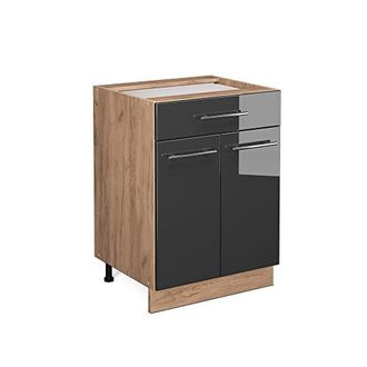 Vicco Meuble Cuisine Fame-Line, Anthracite Haute Brillance/Ch&ecirc;ne de Force dor&eacute;, 60 cm avec tiroir, sans Plan de Travail