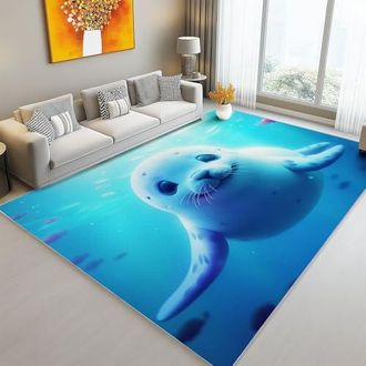 Generic Tapis Imprim&eacute; Art num&eacute;rique phoques Monde sous-Marin pour Salon Chambre D&eacute;coration de la Maison - Bleu Flanelle Antid&eacute;rapante Tapis Salon de Sol paill