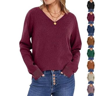 Generic Pull en tricot &eacute;l&eacute;gant &agrave; col en V Pointelle, d&eacute;contract&eacute;, doux, confortable, l&eacute;ger &agrave; manches longues, Rouge, XXL