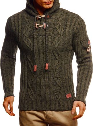 LEIF NELSON Herren Strickpullover mit Kapuze Khaki/Hochwertiger Winterpullover in Regular Fit, ideal f&uuml;r Casual und Business, Langarm Gr&ouml;&szlig;e S