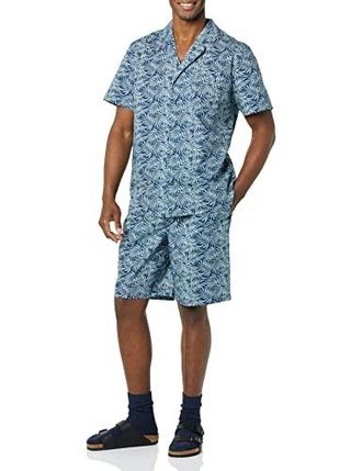 Amazon Essentials Ensemble de Pyjama en Tissu Léger avec Short et Haut à Col Cranté et Boutons Homme, Bleu Marine Palmes, 3XL