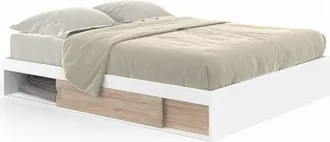 IDMarket Idmarket - Cadre de lit double salem avec rangements et sommier 140 x 190 cm blanc et fa&ccedil;on h&ecirc;tre