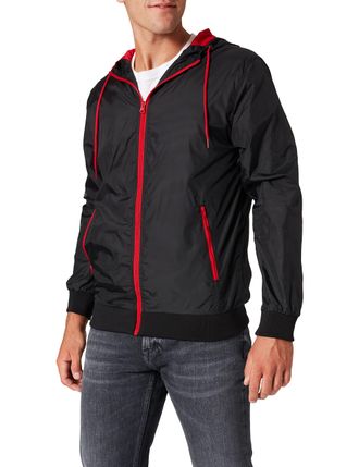 Build Your Brand Herren Übergangsjacke Windrunner, Männer Windjacke mit Kapuze, Funktionsjacke für Männer, Blk/red, 3XL