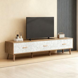 Generic Vintage TV-Schrank 150x35x39 cm in hellem Holz - TV-Lowboard mit weißer Türverkleidung und Retro-Maserung - Funktionaler TV-Tisch