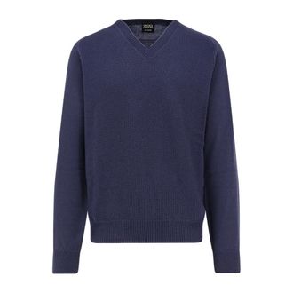Ermenegildo Zegna Blauer Kaschmir V-Ausschnitt Pullover - - Knitwear - Herren - Blau - L