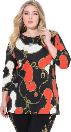 Miamoda Damen gro&szlig;e Gr&ouml;&szlig;en &Uuml;bergr&ouml;&szlig;en Plus Size T-Shirt, A-Linie, Kettenmuster, 3/4-&Auml;rmel schwarz 46 843226100-46