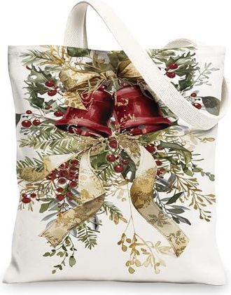 Generic Sacs fourre-tout en toile de Noël, élégants motifs cloches de vacances, sacs dépicerie réutilisables, vintage botanique, léger, lavable, blanc, 13x15 