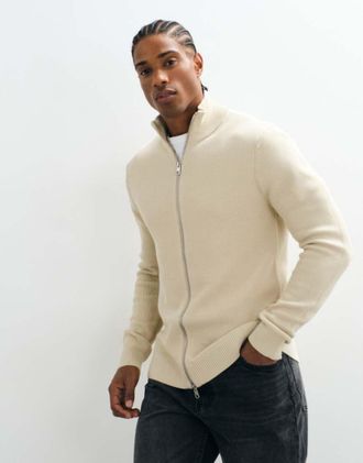 Selected gerippter Strickpullover mit Doppelrei&szlig;verschluss in Cremewei&szlig;