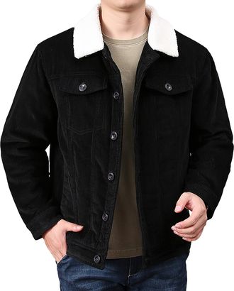 Rismart Herren Cordjacke Sherpa Gef&uuml;ttert Lastwagenfahrer Knopf Nach Unten Reverskragen Winter Warm Cargo Schwarz,XL