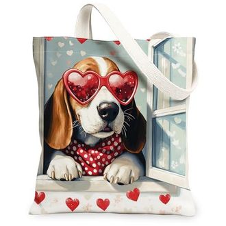 Generic Sac fourre-tout en toile motif chien basset pour faire du shopping, 33 x 38,1 cm, sac &agrave; bandouli&egrave;re r&eacute;utilisable pour la Saint-Valentin, d&eacute;coration de