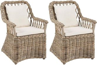 Beliani Lot de 2 Chaises de Jardin en Rotin Naturel Int&eacute;rieur Ext&eacute;rieur Coussins Beige Clair Maros II