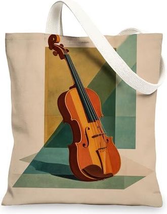 Generic Sacs fourre-tout artistiques en toile, motif violon vintage, sacs dépicerie réutilisables, légers et lavables avec bandoulière, beige, 13x15 Inch