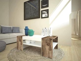 Dmora Couchtisch Jonni, niedriger Couchtisch, Zeitschriftenst&auml;nder, 100 % Made in Italy, 110 x 60 x 40 cm, gl&auml;nzendes Wei&szlig; und Ahorn