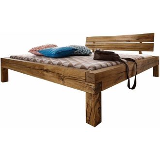 Massivmoebel24 Lit double 160x200 cadre en poutres de ch&ecirc;ne sauvage brun-tabac huil&eacute; JANGALI 411
