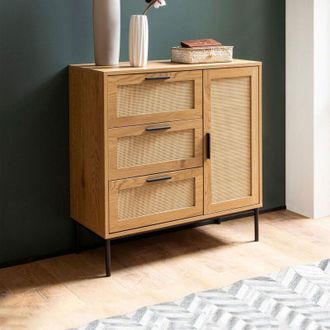 M&S Collection M&s - Buffet 1 porte 3 tiroirs 80x36x82 cm effet ch&ecirc;ne et rotin - mutra