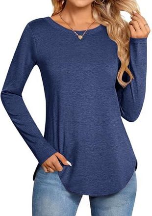 Zeagoo T-Shirt Basique Femme Manches Longues Col Rond Confort Quotidien Bleu XL