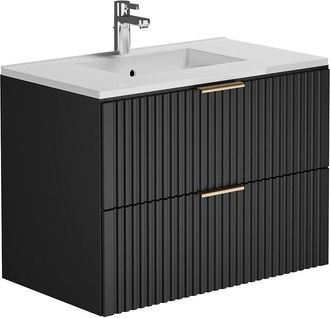 Vente-Unique Waschbeckenunterschrank h&auml;ngend mit Einbauwaschbecken - Streifenoptik - Schwarz - 80 cm - ZEVARA