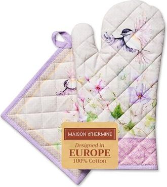 Maison d'Hermine Gant de cuisine 19 x 33 cm et manique 20 x 20 cm 100 % coton + manique de cuisine + manique pour banquet, barbecue, barbecue micro-ondes, matins magno