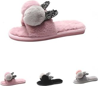 Generic Pantoufles pelucheuses à bout ouvert pour femme - Chaussons doux avec oreilles de lapin - Antidérapants - Confortables - En peluche - Pantoufles plate