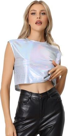 Allegra K Débardeur Métallique Femme Col Rond Haut Court Holographique Top Soiré Brillant sans Manches Tenu de Fête Argent-Plaid XL