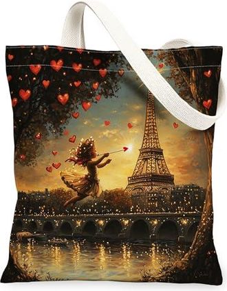 Generic Sacs fourre-tout romantiques en toile avec motif de coeur - L&eacute;gers, lavables et r&eacute;utilisables - Pour le shopping, les voyages, la plage - 33 x 38 cm