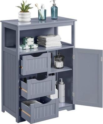 Yaheetech Meuble Salle de Bain, Colonne Salle de Bain, Armoire de Rangement avec 3 Tiroirs et 1 Placard, 66 × 35 × 90 cm, Commode en Bois Gris Grande