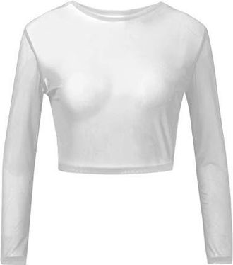 Generic Haut court transparent pour femme en maille - Col de couleur pure - Chemisier tendance Y2K &agrave; manches longues - Coupe ajust&eacute;e - T-shirt basique moulant