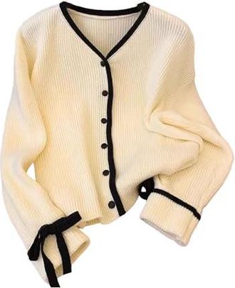 Generic Pull &agrave; col en V pour femme - Style cor&eacute;en - Style cor&eacute;en - Couleurs contrast&eacute;es, beige, Taille XS