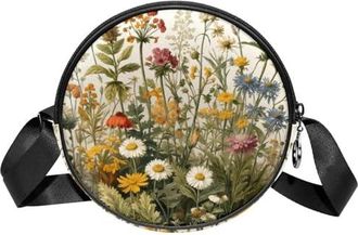 Generic Petit sac &agrave; bandouli&egrave;re circulaire pour femme, motif floral sauvage, sac &agrave; dos &agrave; bandouli&egrave;re avec fermeture &eacute;clair, bretelles r&eacute;glables, sac &agrave; main ro