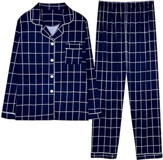 Generic Ensemble de pyjama pour femme - Ensemble de pyjama &agrave; manches longues - Col en V boutonn&eacute; - Pantalon avec poches - Doux et confortable, noir fonc&eacute;, XXL