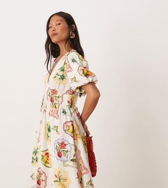 Nobody's Child Starlight - Robe mi-longue à manches bouffantes et imprimé fruits façon carte postale-Multicolore