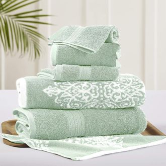 Modern Threads Artesia Damask 6-Piece 100% Combed Cotton Reversible Yarn Dyed Jacquard Towel Set 2 Badetücher, 2 Handtücher, 2 Waschlappen, Baumwolle, graugrün, Stan