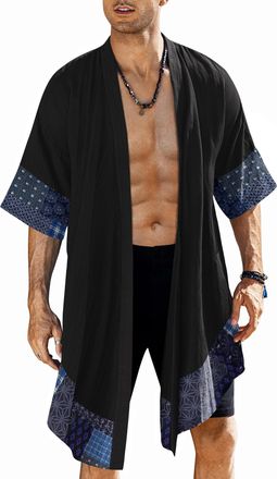 Coofandy Herren Cardigan Long Length Leichter Poncho-Umhang vorne offen Cape Coat Large Schwarz