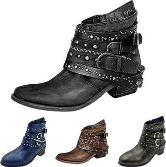 Generico Bottines Cowboy pour femme &agrave; talons hauts avec boucle de ceinture en jean vintage confortables et design &eacute;l&eacute;gant avec tige large d&eacute;contract&eacute;e ou f&ecirc;te,