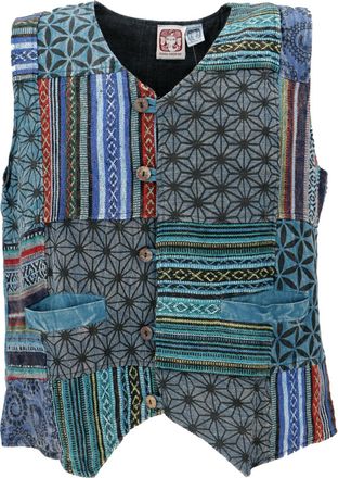Guru Shop Goaweste, Psytrance Patchwork Herren Weste - Blau, Baumwolle, Size:M