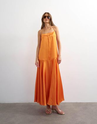 Topshop Satin-Maxikleid in Rostorange mit Ziernaht und paspelierten R&auml;ndern-Gr&uuml;n
