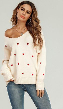 FS Collection Strickpullover Pullover aus Strick mit V-Ausschnitt und roter Herzstickerei (Einheitsgr&ouml;&szlig;e: UK 8-16 / EU 36-44, 2 Farben : Schwarz und Creme) 100 % Ac