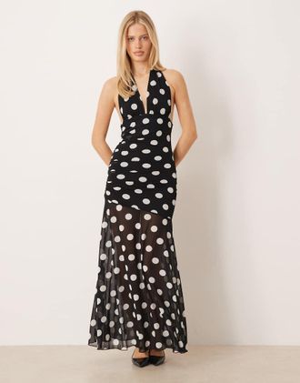 Gina Tricot Gina Tricot - Neckholder-Maxikleid in Schwarz mit tiefer Taille und Polka Dots