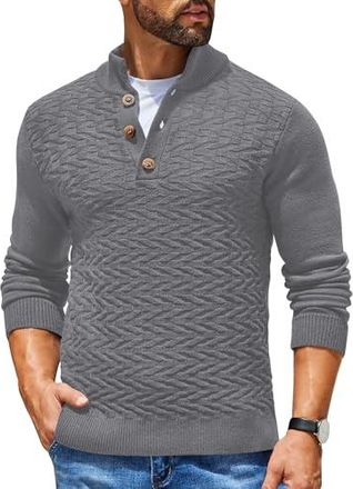 Coofandy Pull Homme Hiver Pulls Col Roulé Henley Pull Montant Manches Longues Tricot Pullover Col Boutonné Chandail en Couleur Unie Gris XXL