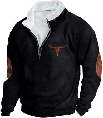 Generic Sweat-shirt &agrave; demi-fermeture &eacute;clair en molleton doubl&eacute; en polaire pour homme, imprim&eacute; western vintage, manches longues, col zipp&eacute;, pulls chauds dhiver