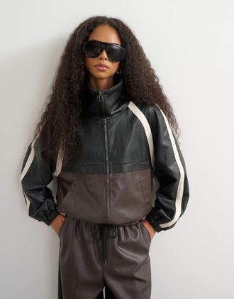 Topshop veste color block en simili cuir noire-Multi