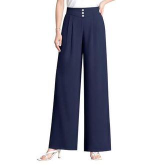 Generic Pantalon large pour femme de plus de 50 ans - Pantalon doux et fluide &agrave; taille haute &agrave; enfiler et drap&eacute; extensible, bleu marine, 5XL