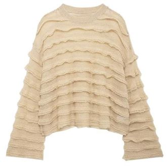 Generic Pull d&eacute;contract&eacute; &agrave; manches longues pour femme, coupe d&eacute;contract&eacute;e, col rond, tricot c&ocirc;tel&eacute;, abricot, taille L, pour le quotidien, le travail et les va